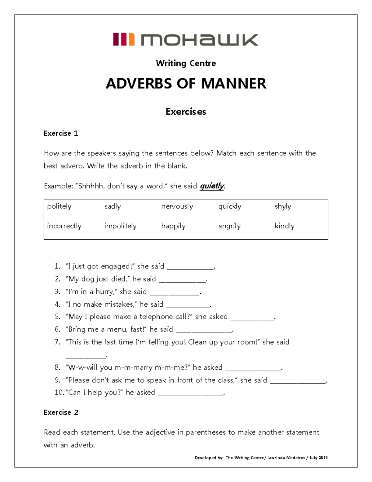 Adverbs of Manner Exercises (Revised Winter 2016 )(opens PDF, 36kb ...