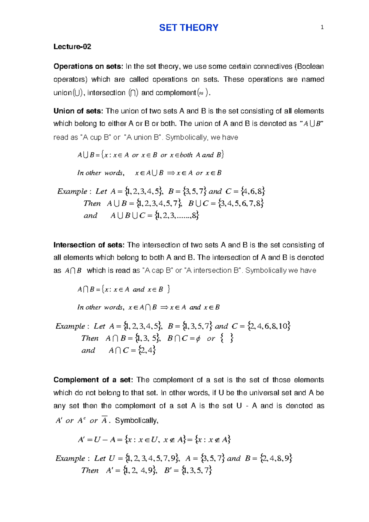 Lecture 02 Set Theory Set Theory Lecture 1 Operations On Sets In