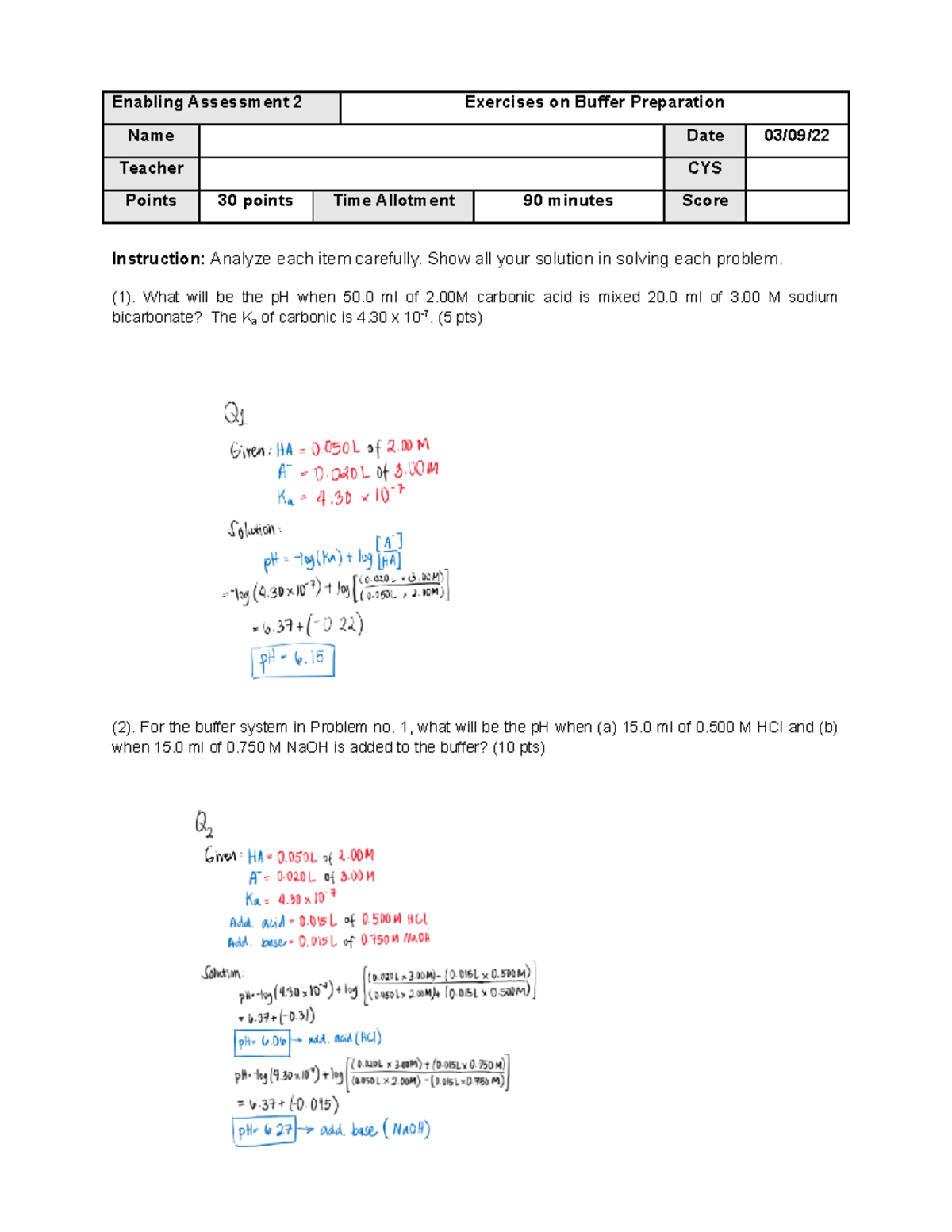 EA2 Exercises on Buffer Preparation BioChemLab - Enabling Assessment 2 ...