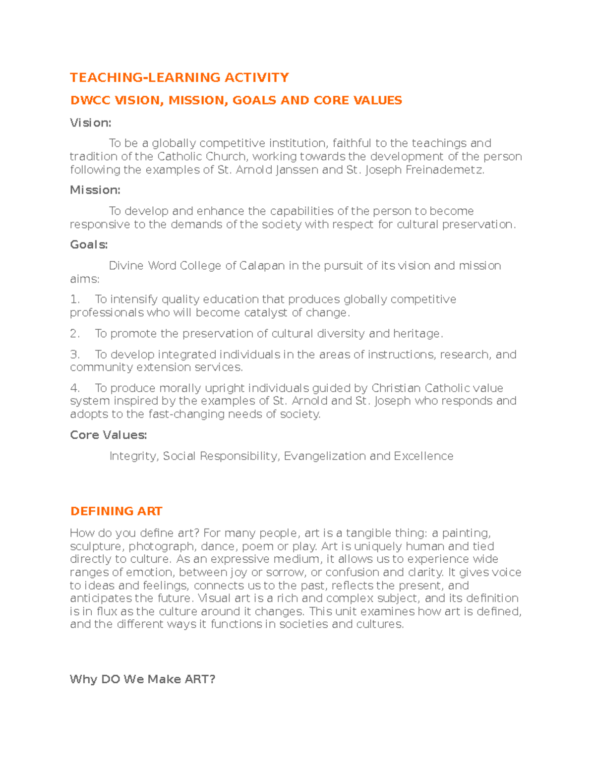 Lesson 1 - Defining ART APP - TEACHING-LEARNING ACTIVITY DWCC VISION ...