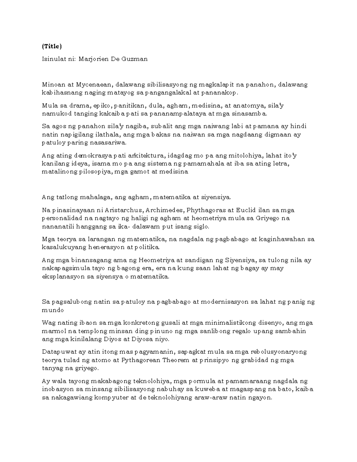 Performance Task 1 - Filipino at AP - Tula - (Title) Isinulat ni: Marjorien De Guzman Minoan at ...