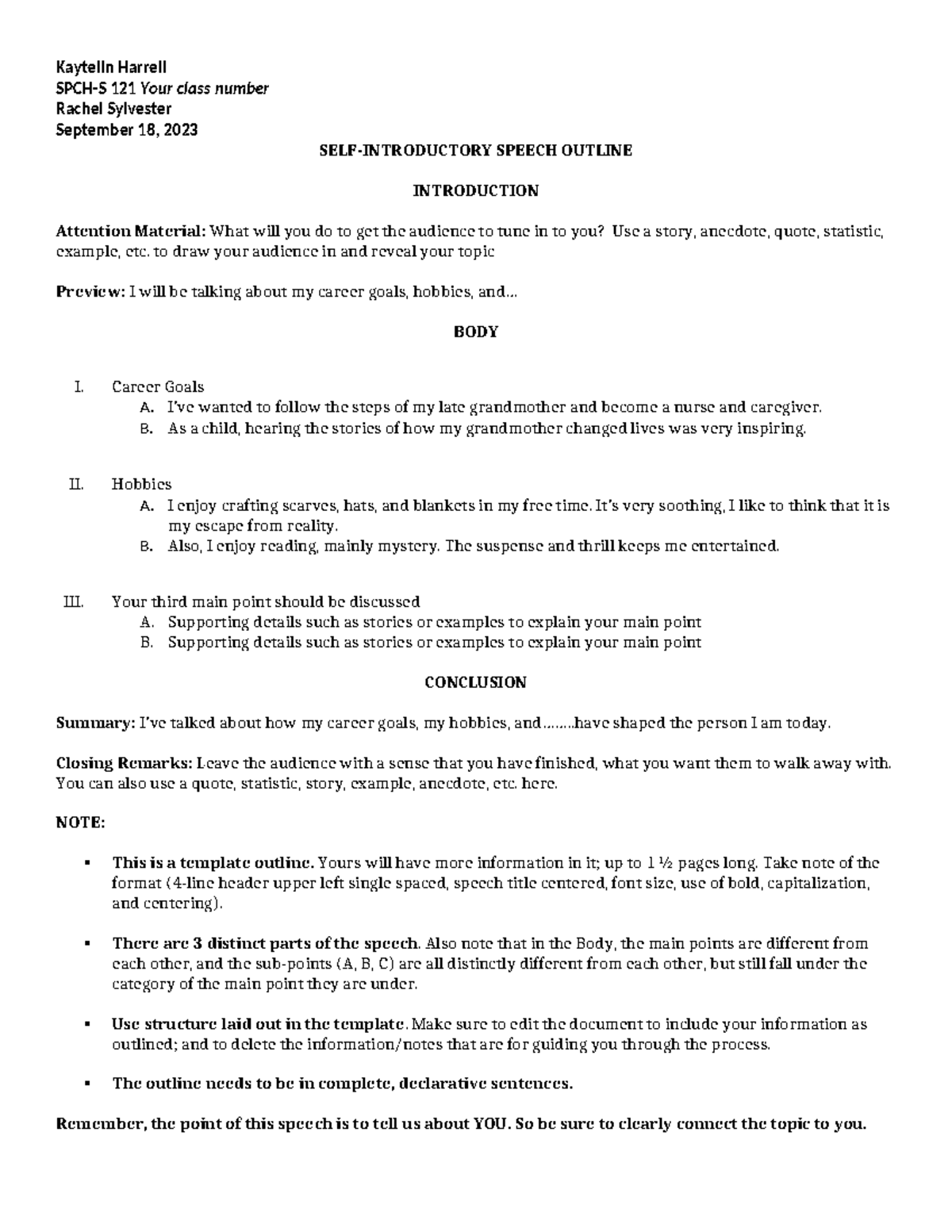 Self Intro Speech Outline-1 - Kaytelin Harrell SPCH-S 121 Your class ...