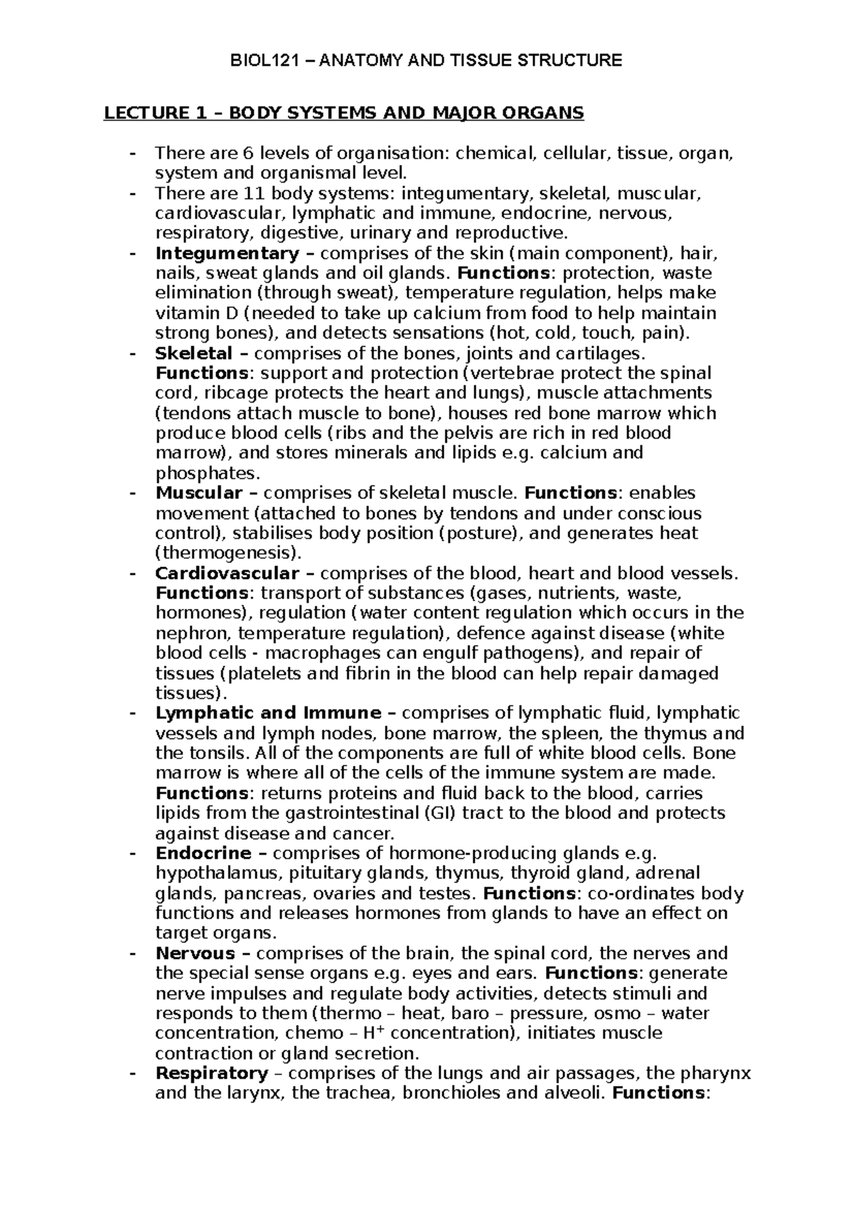 Lecture 1 – BODY Systems AND Major Organs - BIOL121 – ANATOMY AND ...