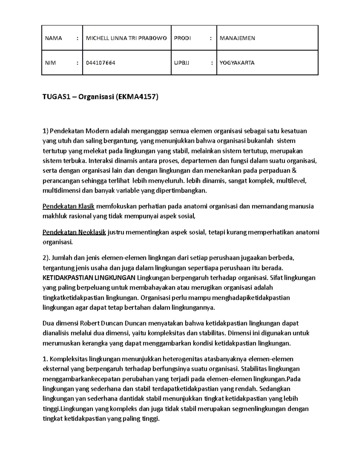 Michell 04410766 Tugas 1 Organisasi - TUGAS1 – Organisasi (EKMA4157) 1 ...
