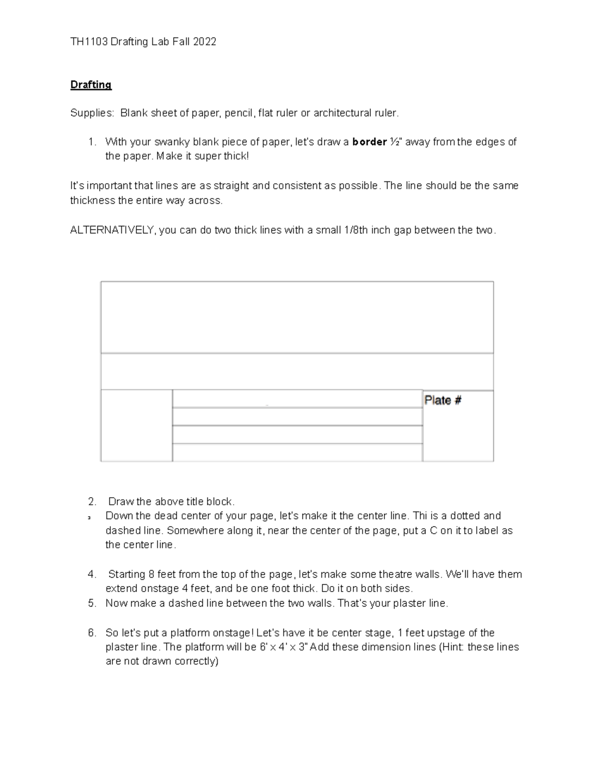 TH1103Drafting Lab Fall 2022 - TH1103 Drafting Lab Fall 2022 Drafting Supplies: Blank sheet of ...