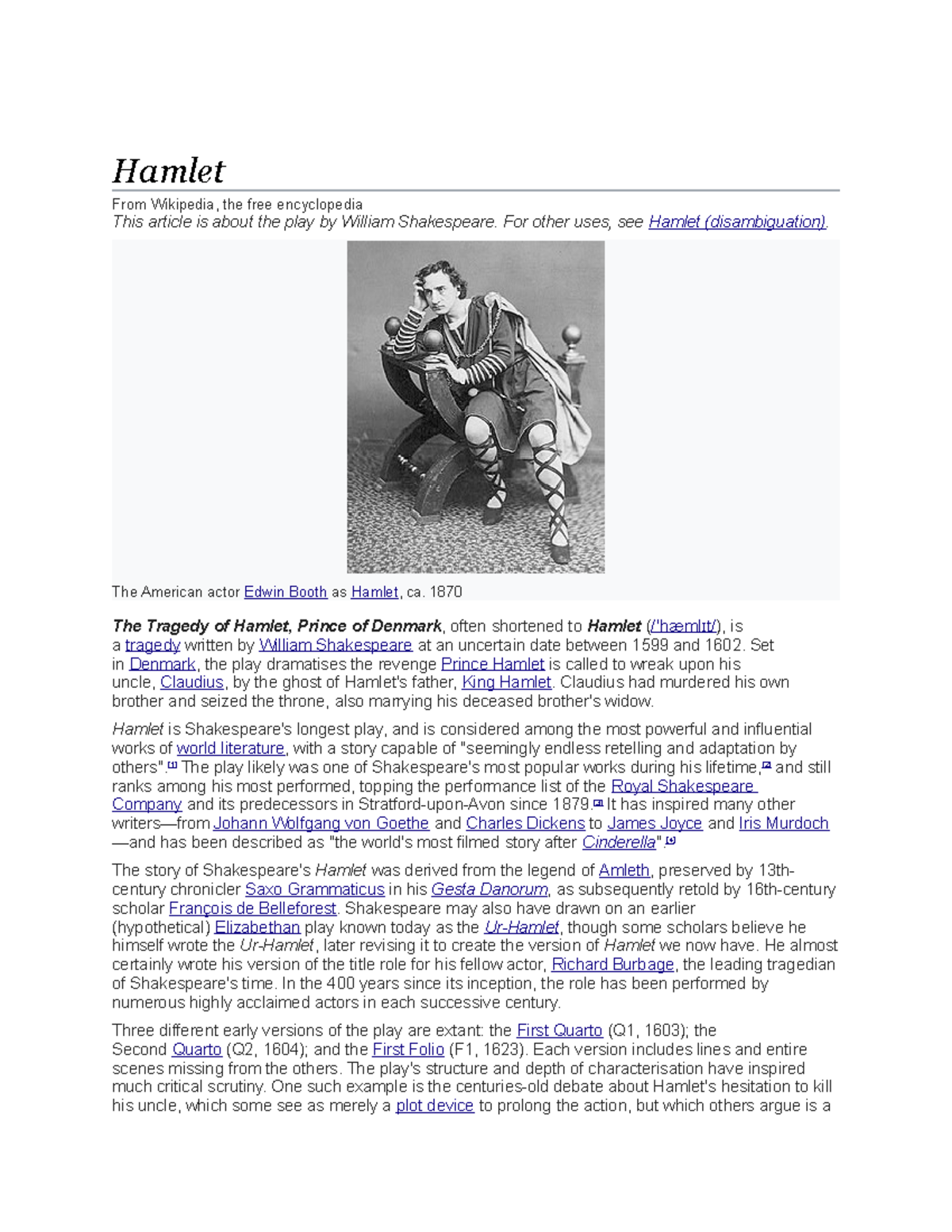 Hamlet - Play by Shakespeare which was studied for centuries - The ...