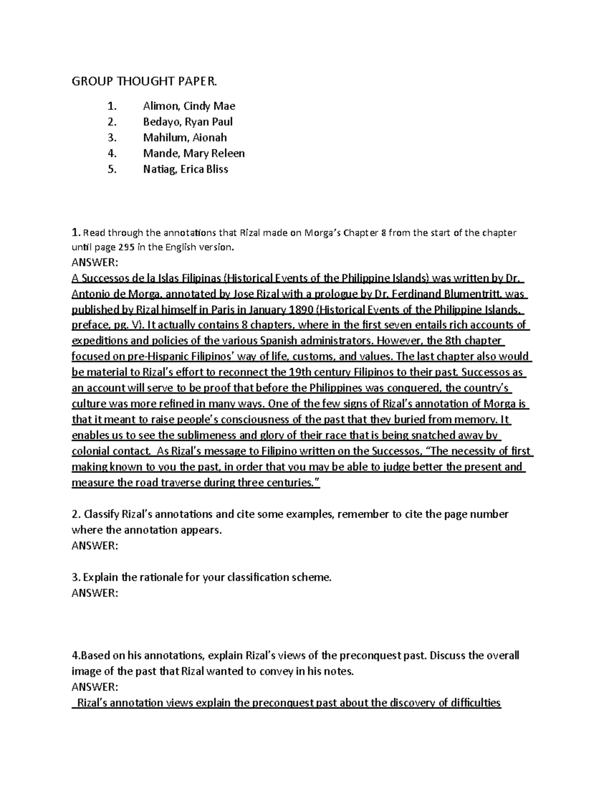 Pdfcoffee Rizal Works and Annotations - GROUP THOUGHT PAPER. Alimon ...