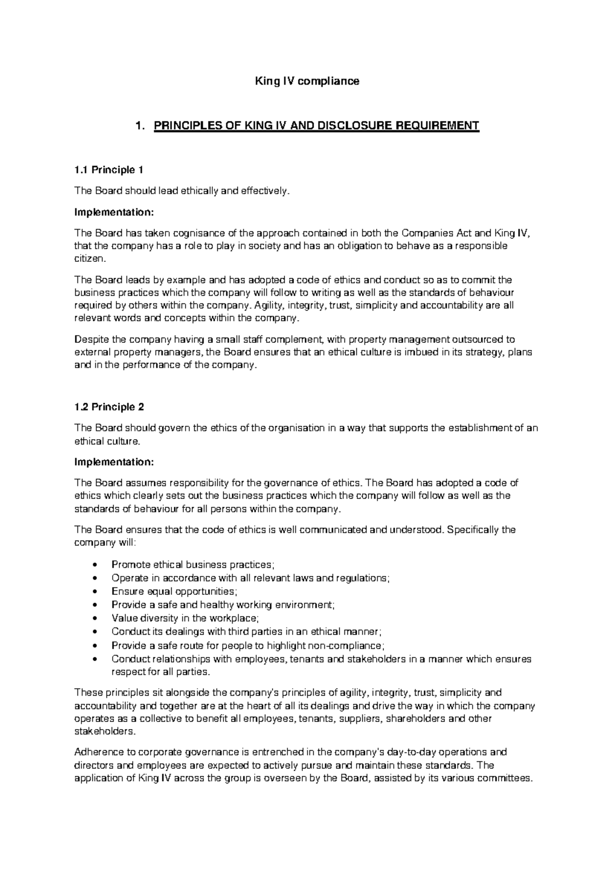 King-iv-compliance - King 4 corporate governance - King IV compliance 1 ...