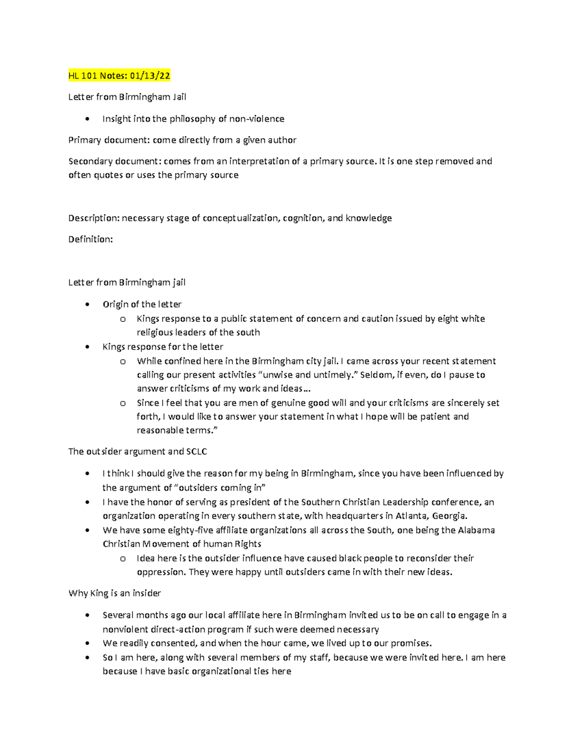 Philosophy Notes - HL 101 Notes: 01/13/ Letter from Birmingham Jail ...