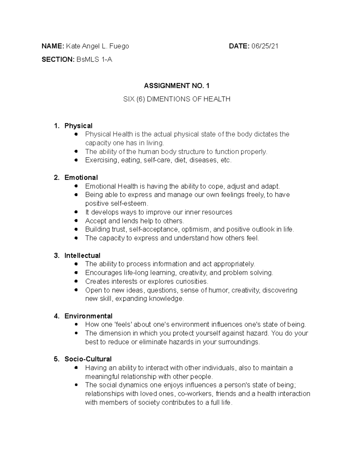 ASSIGNMENT NO. 1 SIX (6) DIMENTIONS OF HEALTH - BS Medical Laboratory ...