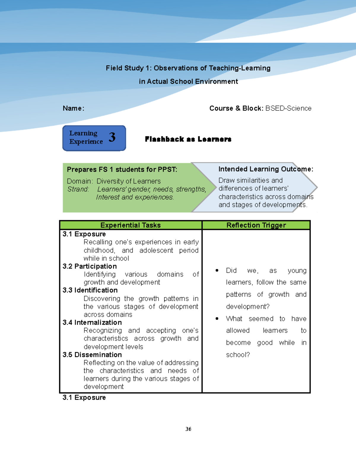 FS 1 Learning Experience 3 - Field Study 1: Observations of Teaching ...