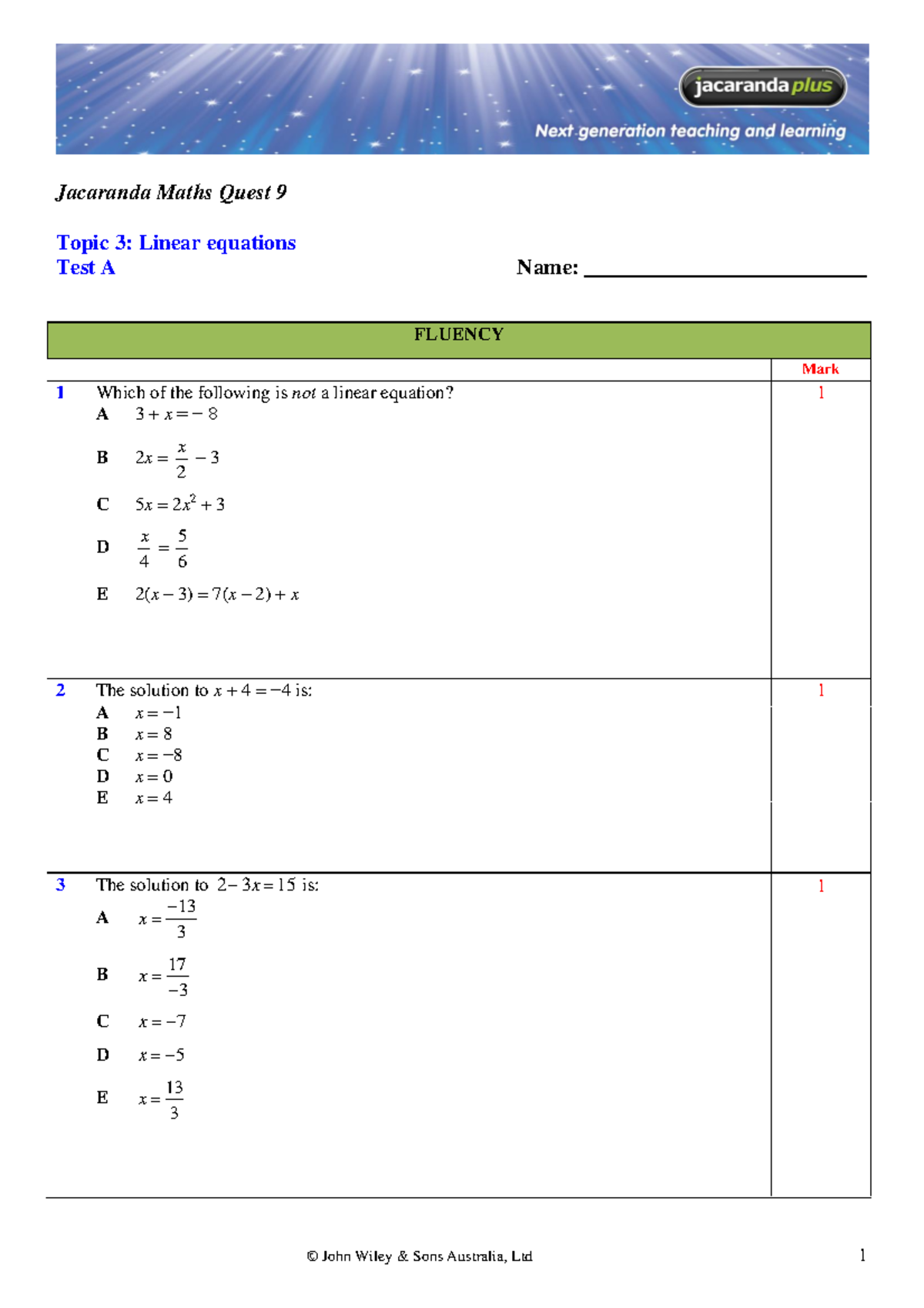 Jac Plus Ch3 Topic Test A - Jacaranda Maths Quest 9 Topic 3 : Linear ...