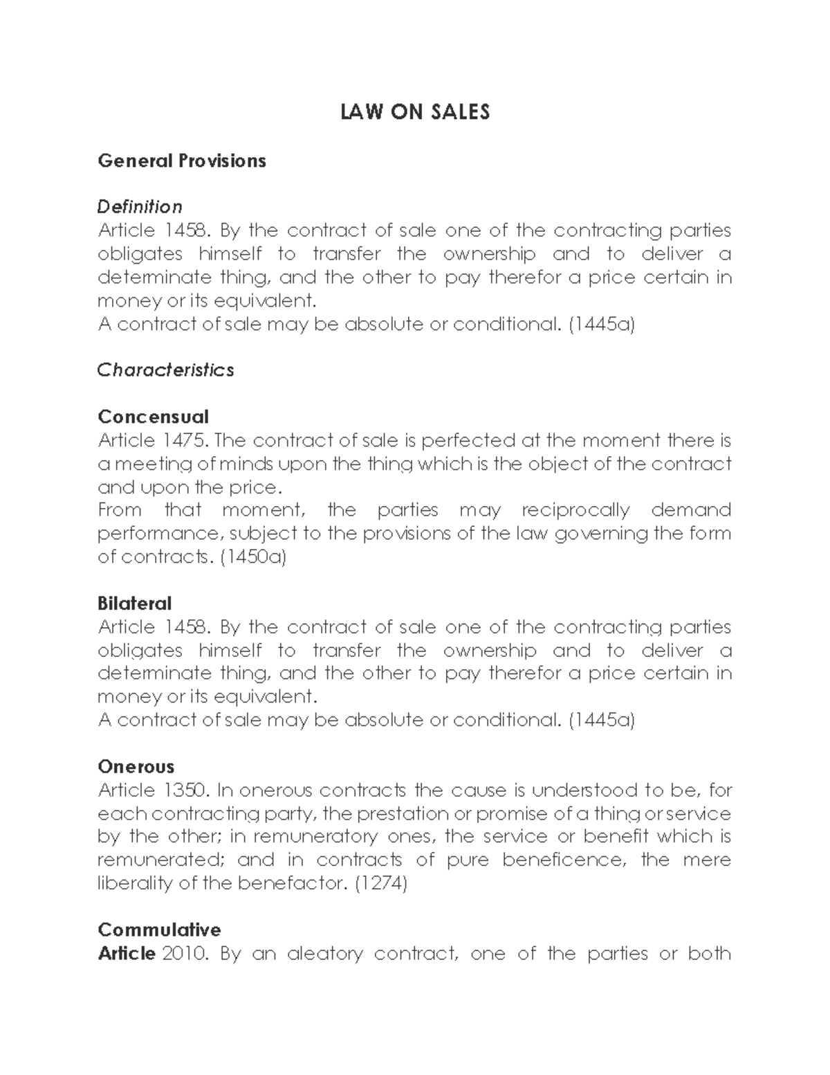 LAW01 LAW ON Sales PDF Lecture Notes 1 LAW ON SALES General