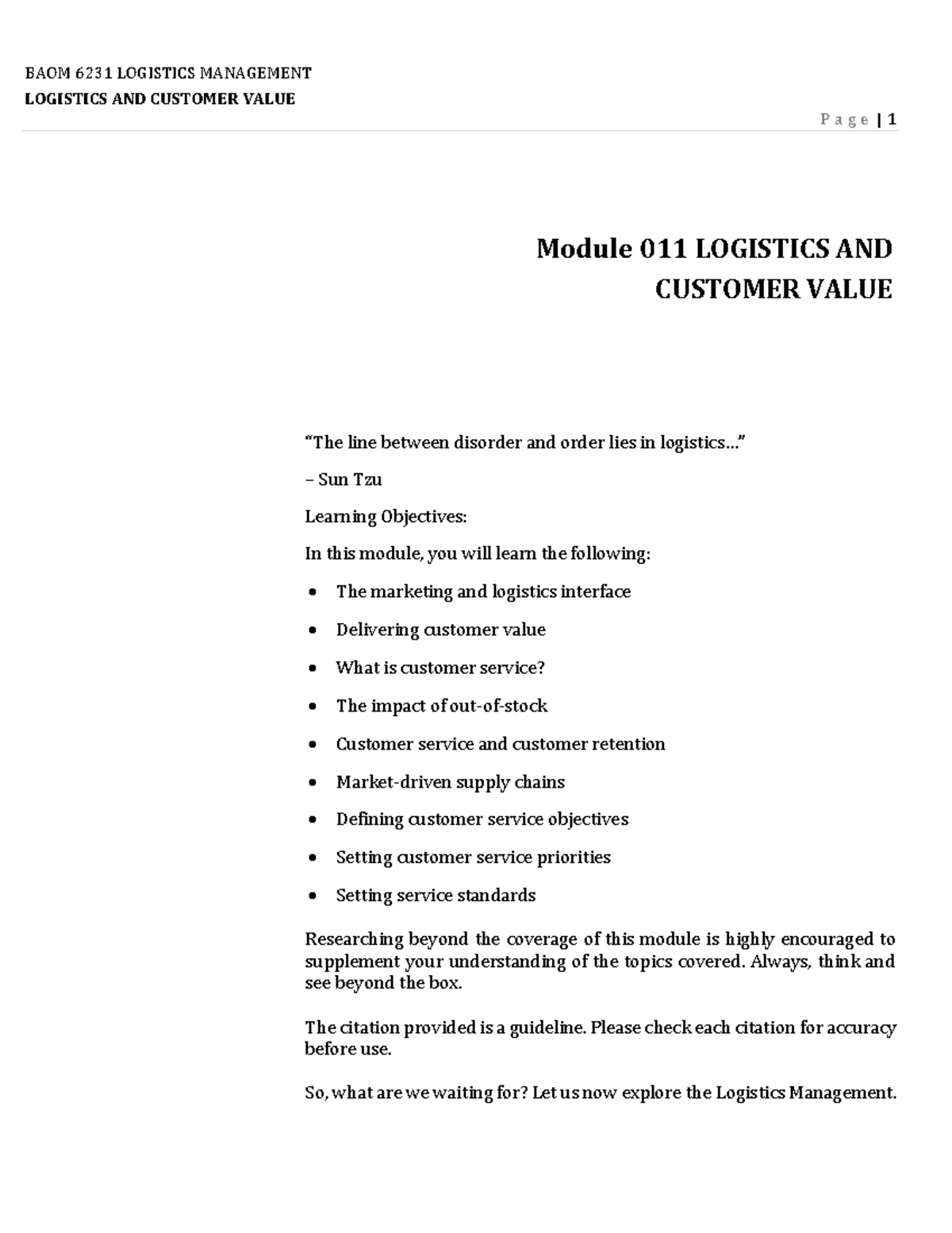 Module 11- Logistics AND Customer Value - LOGISTICS AND CUSTOMER VALUE ...