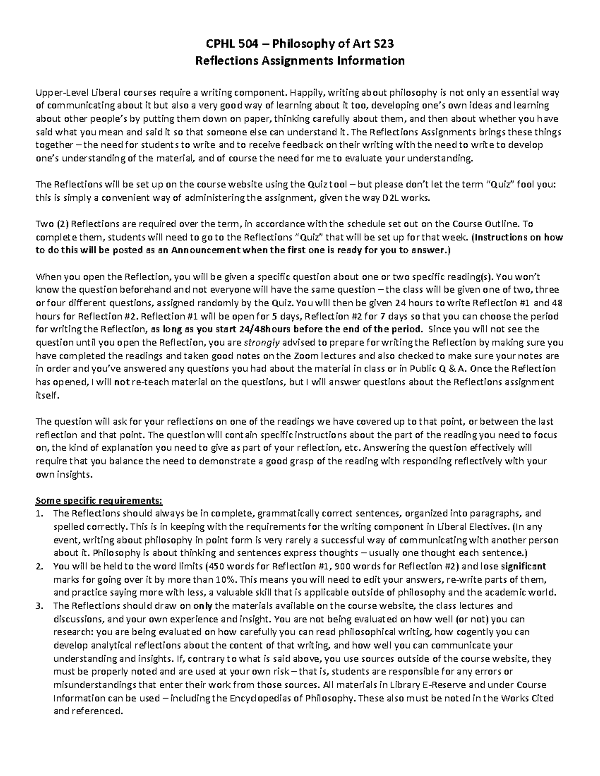 CPHL504 S23 - Reflections Information - CPHL 504 – Philosophy of Art S Reflections Assignments ...