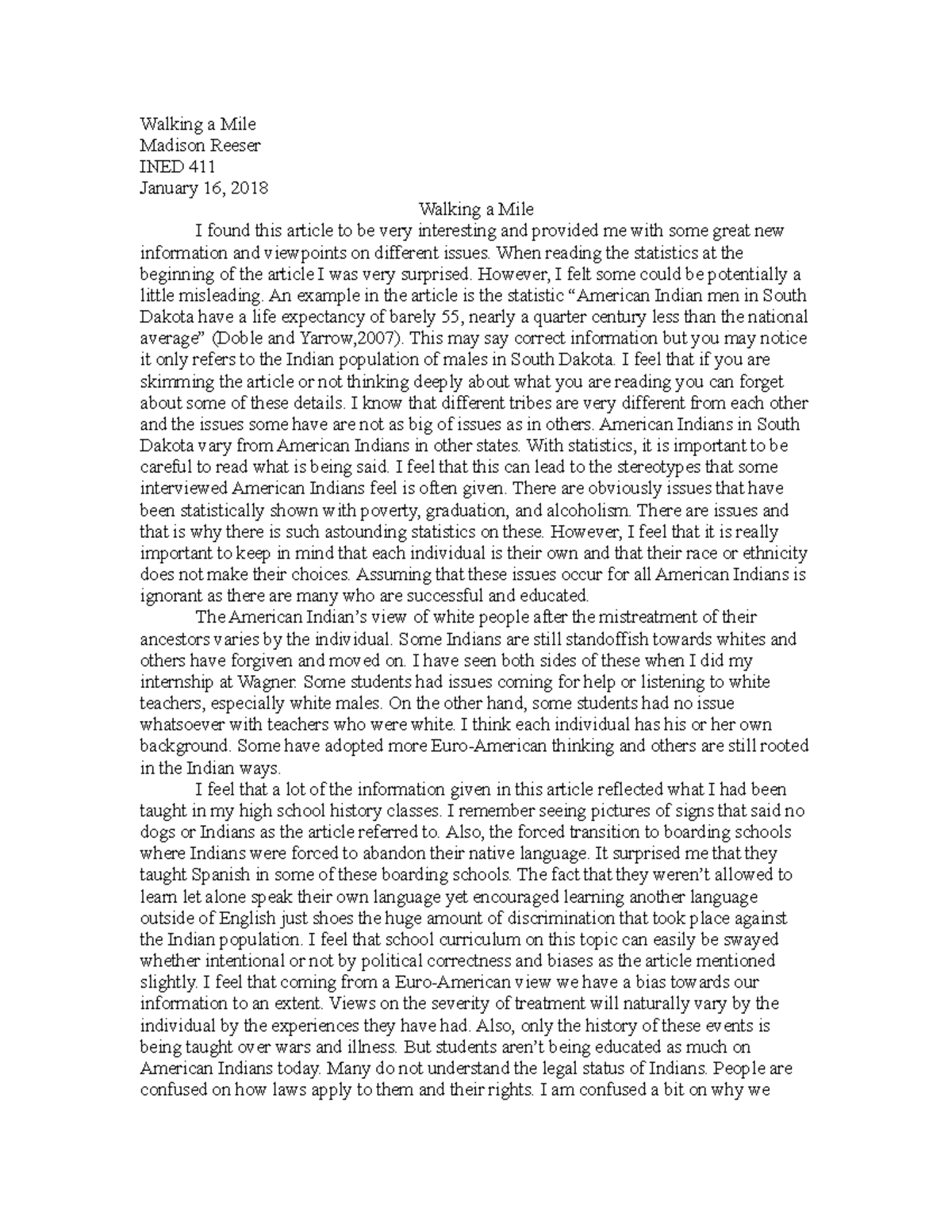 Walking a Mile Summary - Walking a Mile Madison Reeser INED 411 January ...