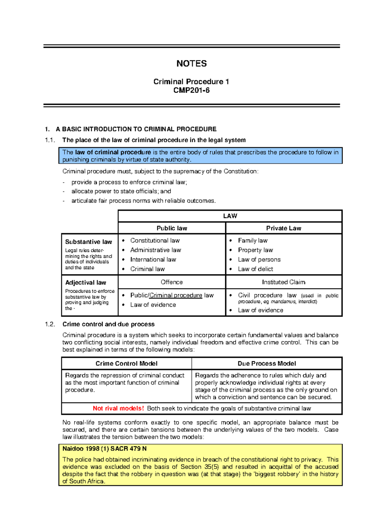 Criminal Procedure Notes 2009 - NOTES Criminal Procedure 1 CMP201- 1. A ...
