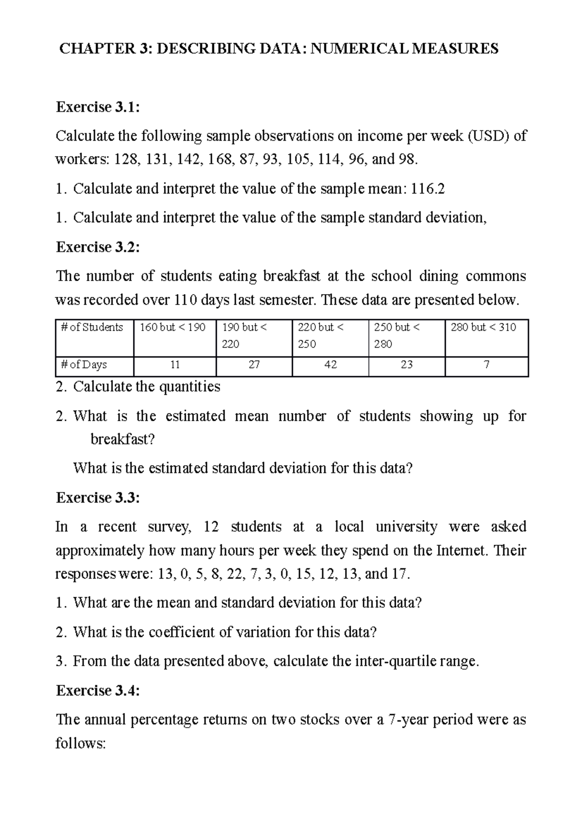 Exercises c3 - scd - CHAPTER 3: DESCRIBING DATA: NUMERICAL MEASURES Exercise 3: Calculate the ...