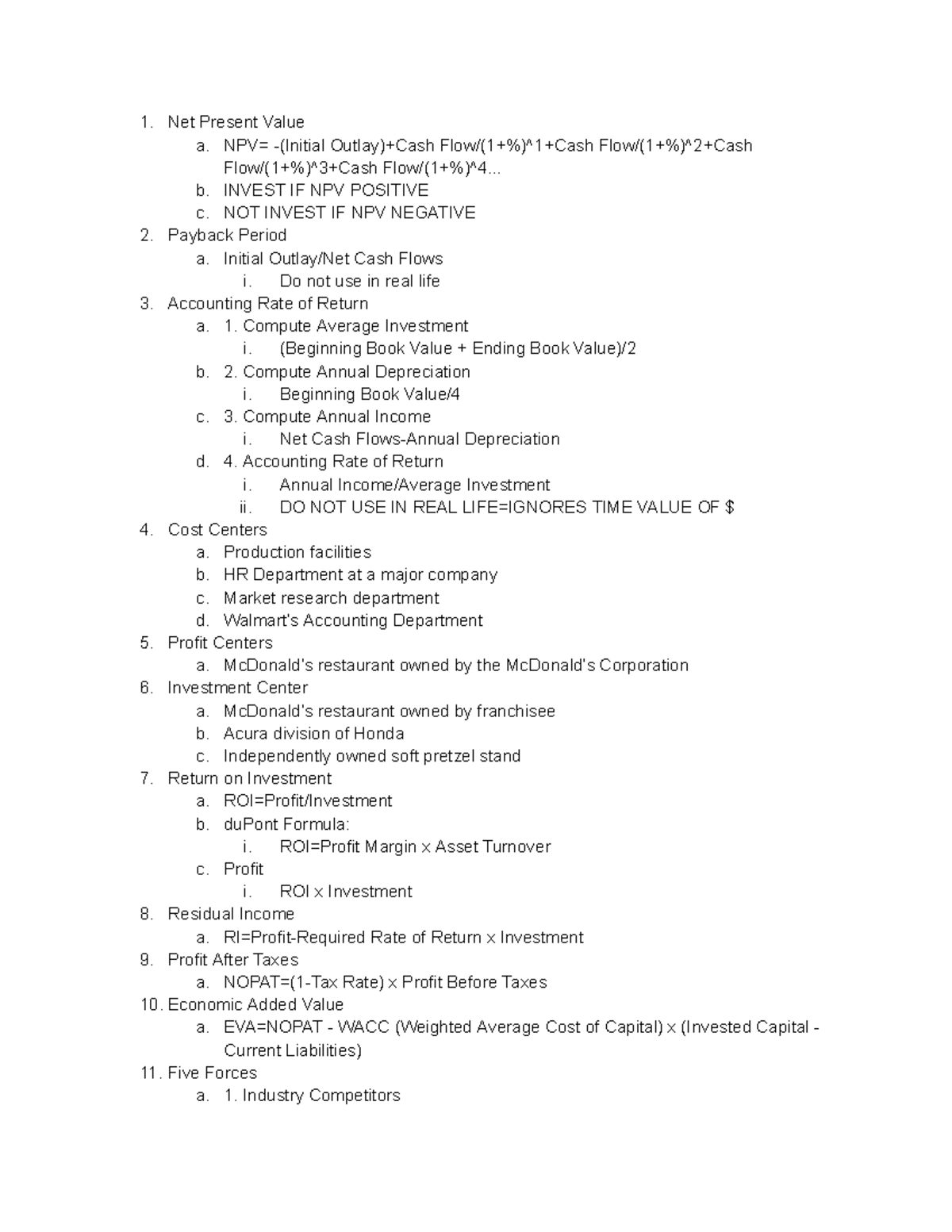 Last Section of Managerial Accounting Cheat Sheet - Net Present Value a ...