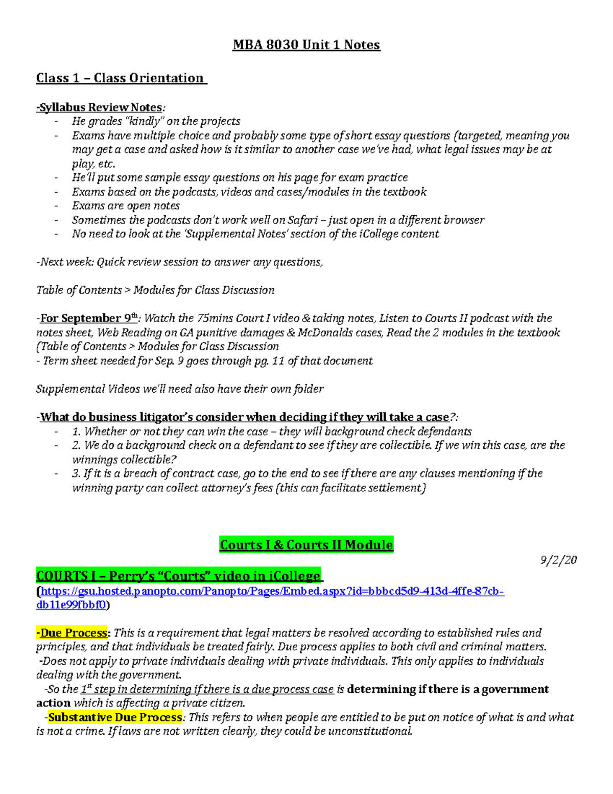 MBA 8030 Notes - MBA 8030 Unit 1 Notes Class 1 – Class Orientation ...