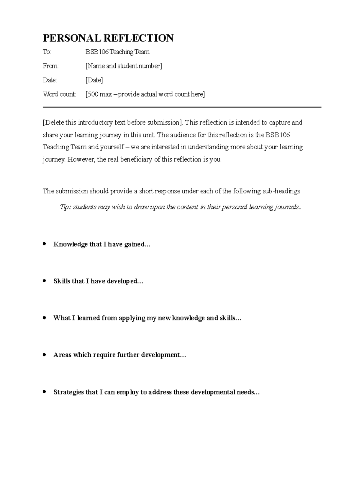 Reflection template (2022 v1 - PERSONAL REFLECTION To: BSB106 Teaching ...