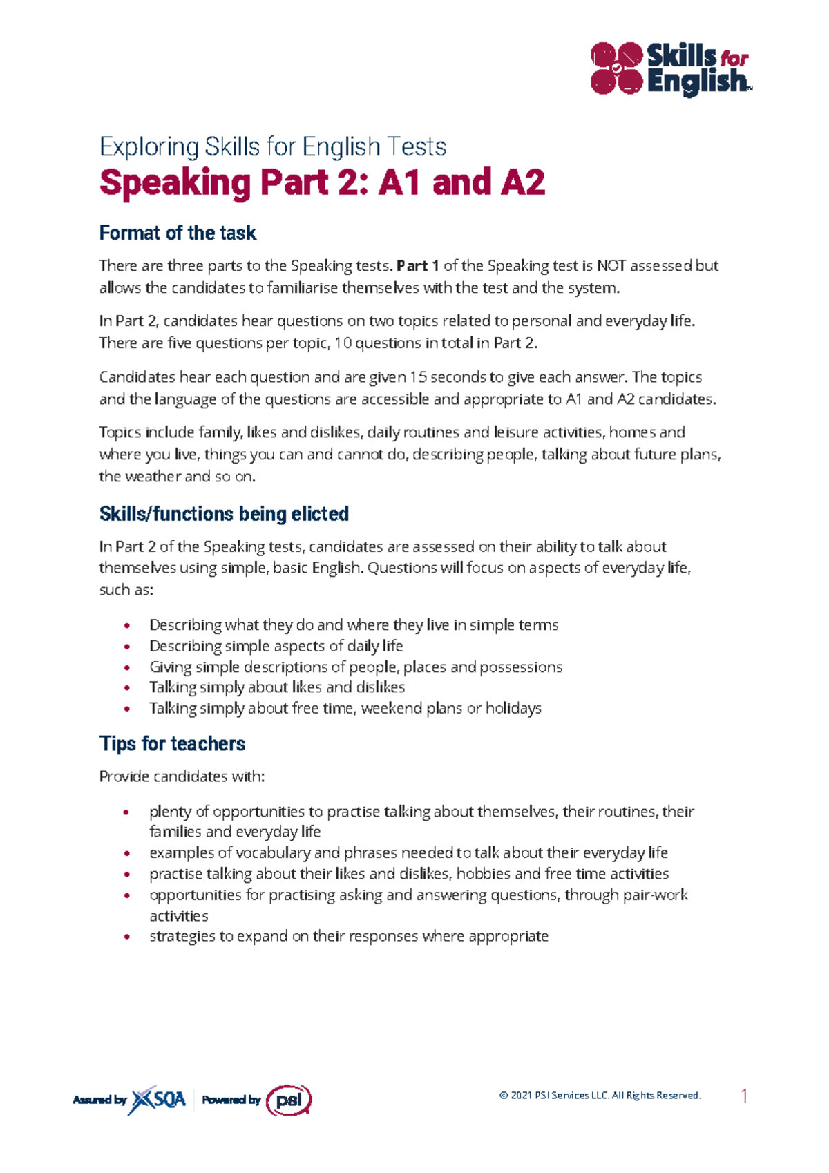 Sf E Speaking A1 A2 Part2 - © 2021 PSI Services LLC. All Rights ...