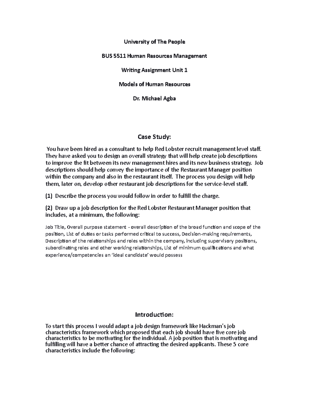 Writing assignment 2 human resources management - University of The ...