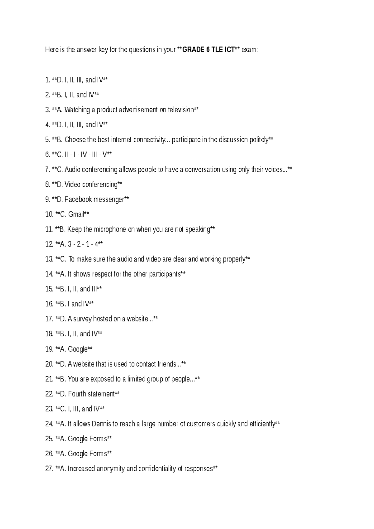 Answer KEY - Here is the answer key for the questions in your GRADE 6 ...