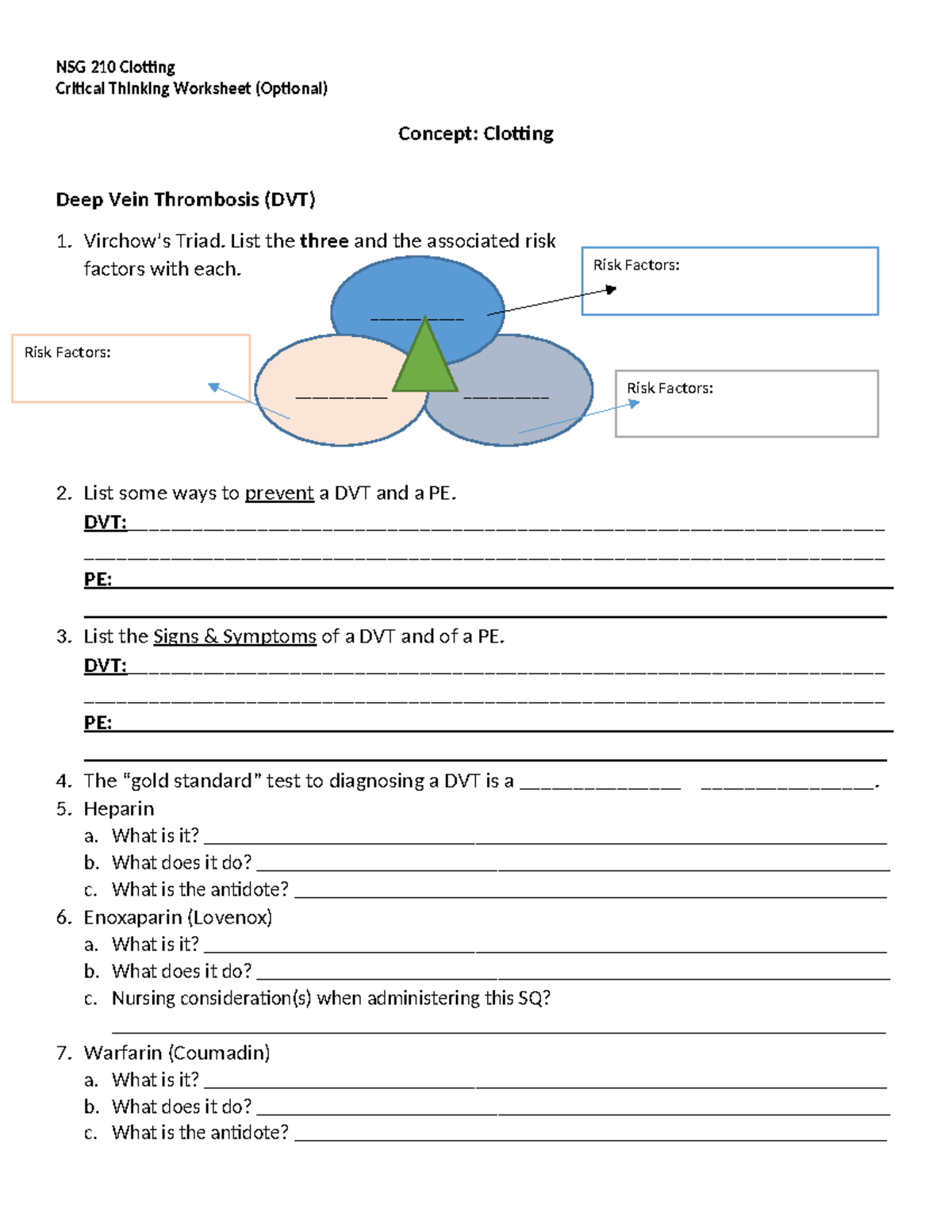 Critical Thinking Worksheet Concept Clotting NSG 210 - Critical ...