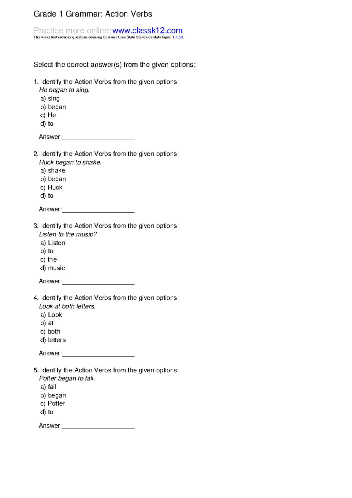 Grade-1-grammar Math action-verbs classk 12 - Grade 1 Grammar: Action ...