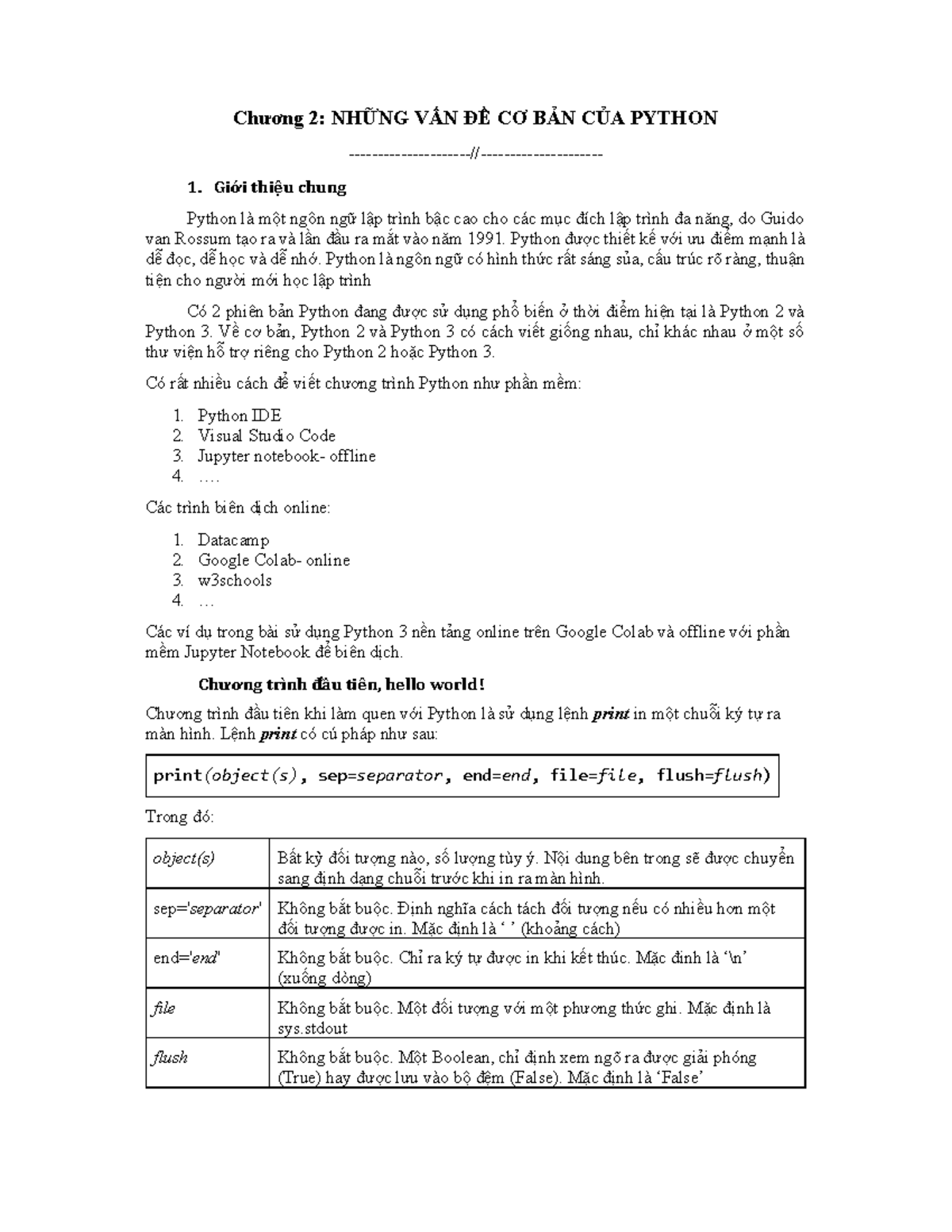 Chuong 2 Basic Python - 11111 - Chương 2: NHỮNG VẤN ĐỀ CƠ BẢN CỦA PYTHON -//- Giới thiệu chung ...
