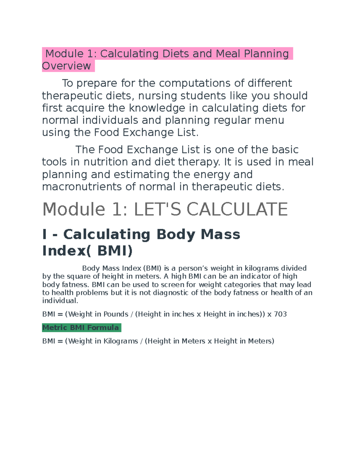 Nutri lab mod 1 - Module 1: Calculating Diets and Meal Planning ...