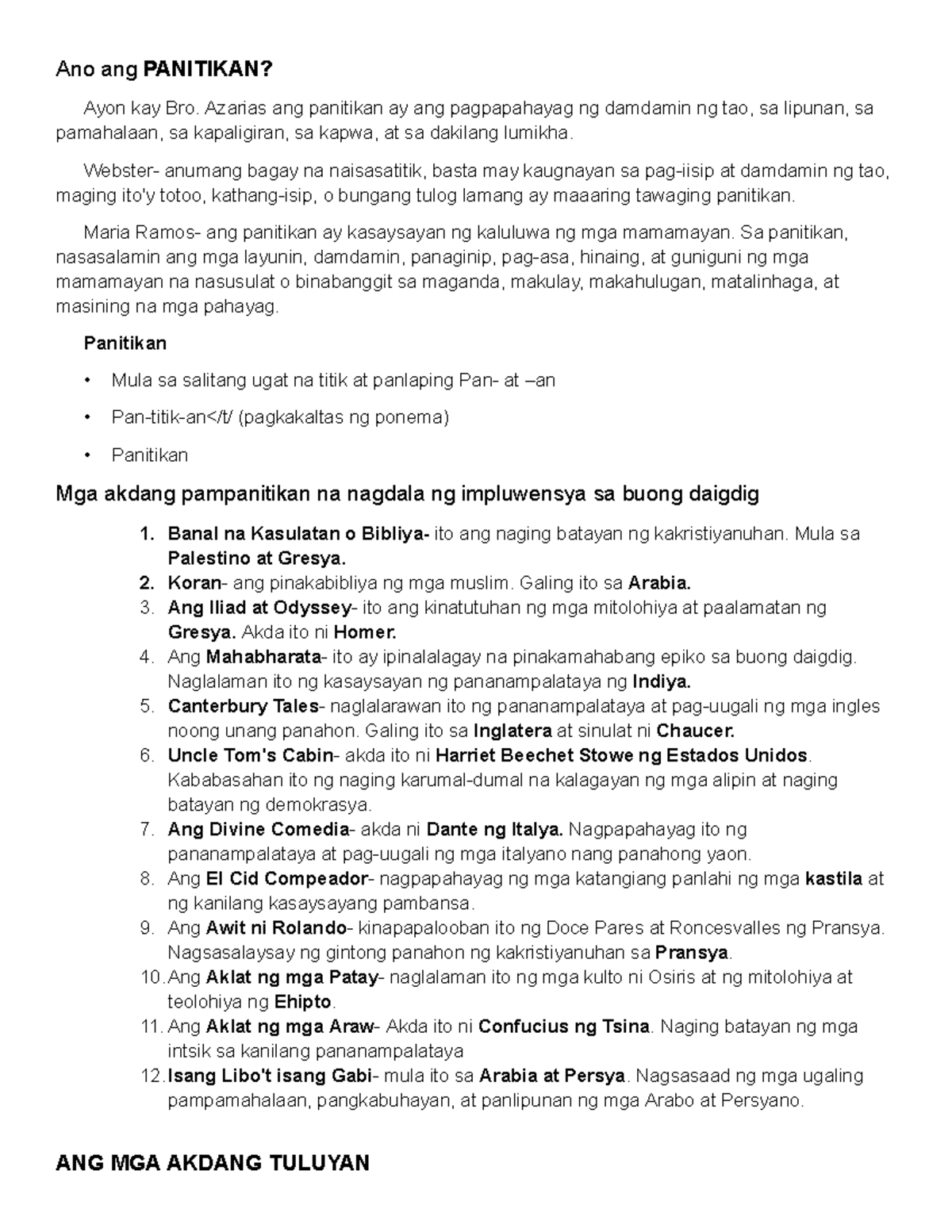 Hand outs sa GNED 14 - Handout sa GNED 14 - Ano ang PANITIKAN? Ayon kay ...