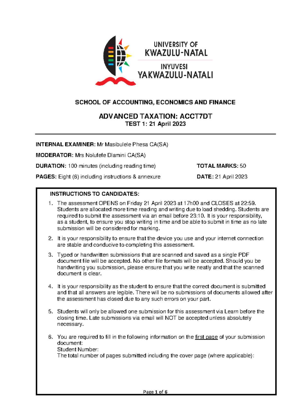 Advanced Taxation TEST 1 2023 - SCHOOL OF ACCOUNTING, ECONOMICS AND ...