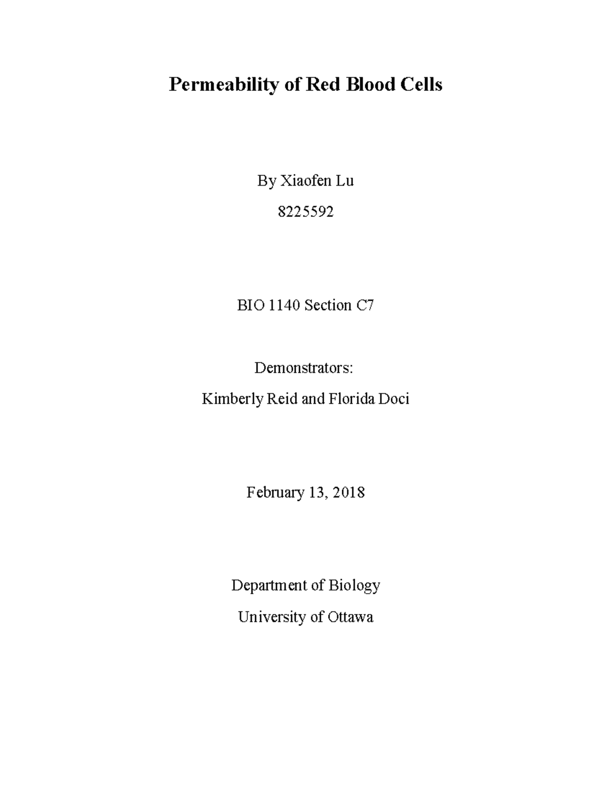 Permeability of Red Blood Cells - Time of hemolysis of sheep red blood ...