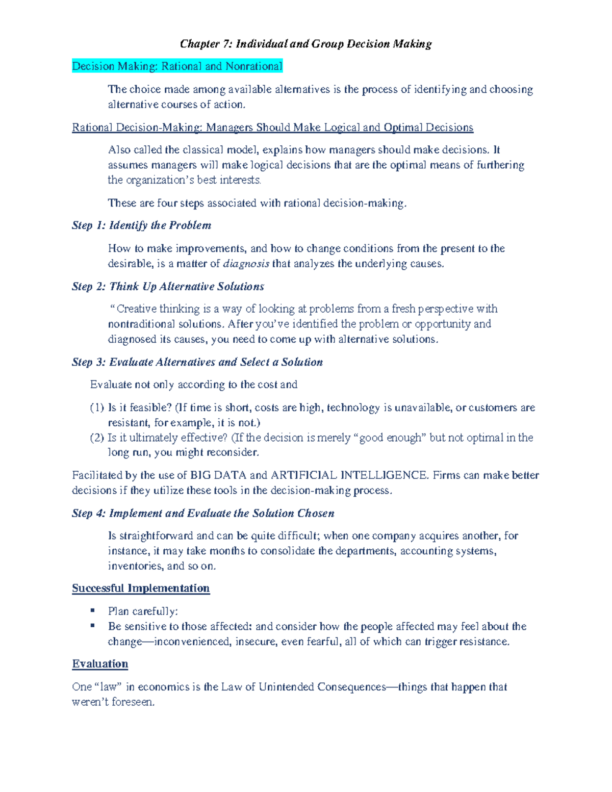 Chapter 7 business notes - Chapter 7: Individual and Group Decision ...