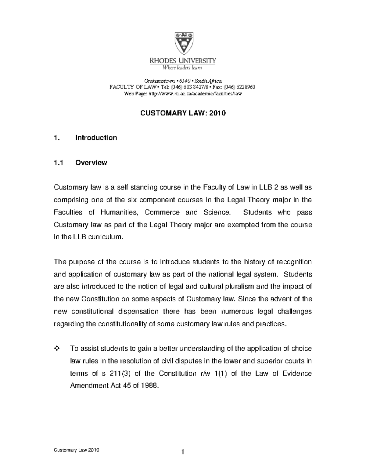 Customary Law Notes - FACULTY OF LAW • Tel: (046) 603 8427/8 • Fax ...