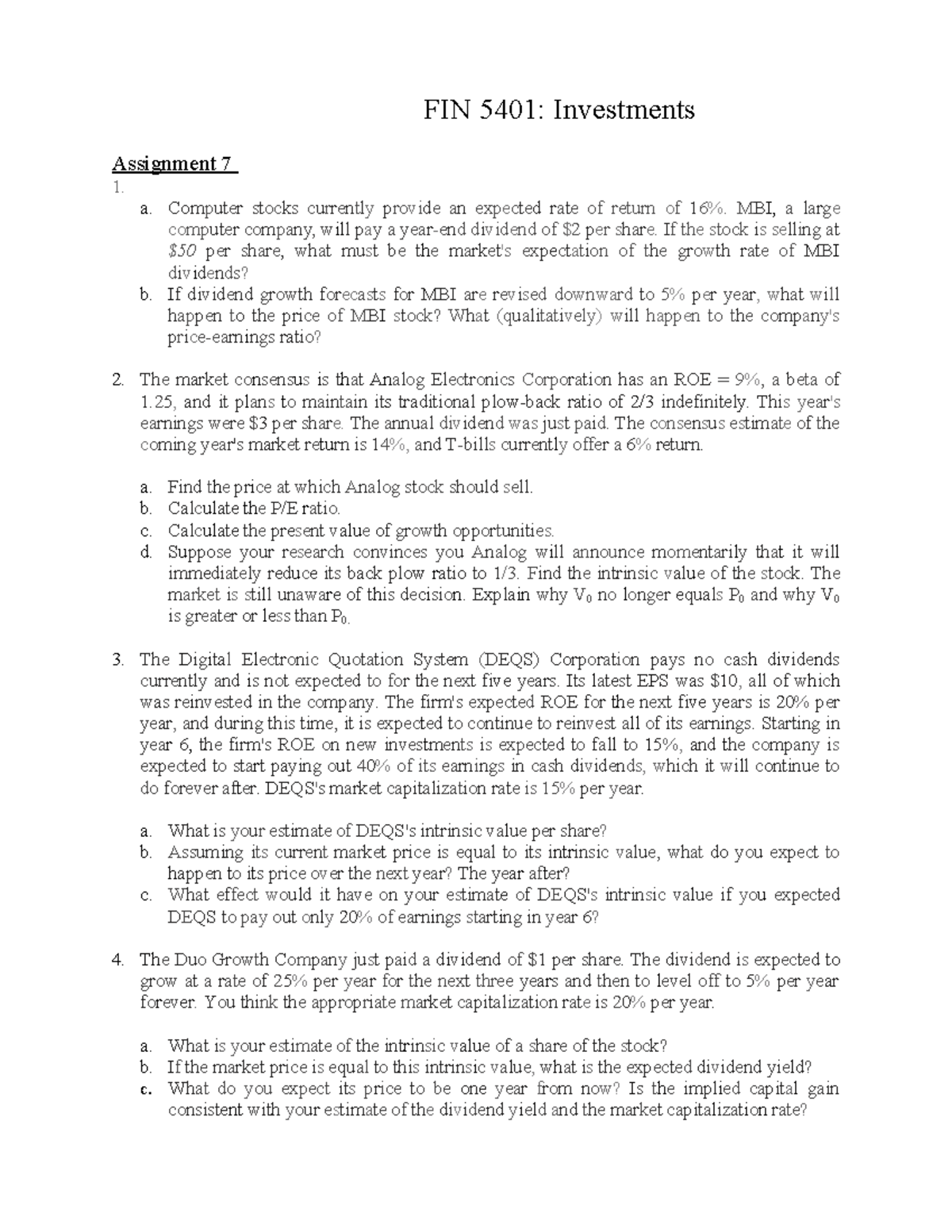 Assignment 7 - INVESTMENT - FIN 5401: Investments Assignment 7 1. a ...