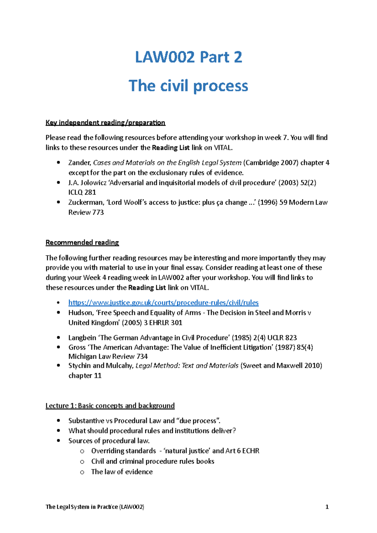 Lecture and workshop outline - the civil process - LAW002 Part 2 The ...