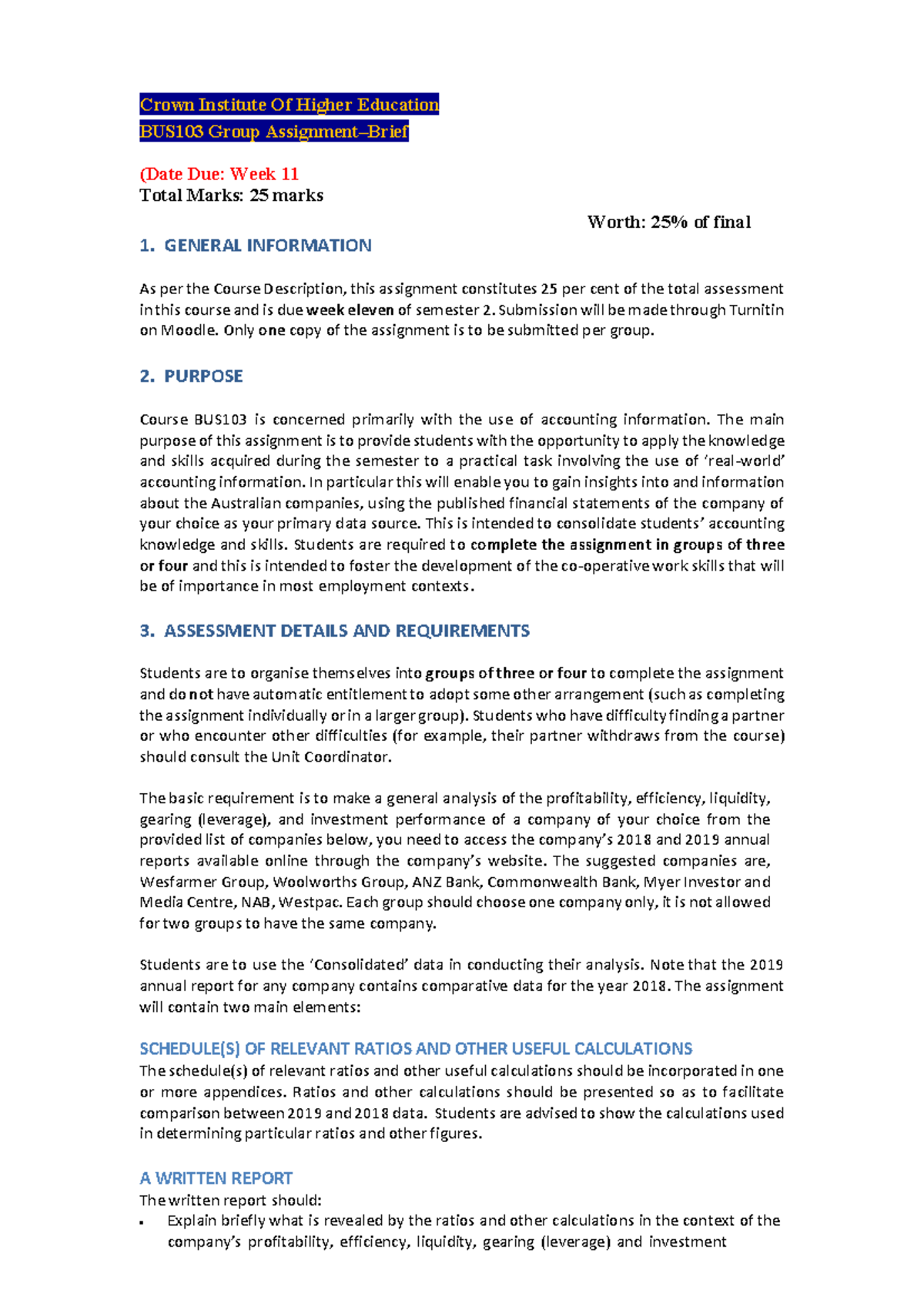 BUS103 Group Assignment–Brief - Crown Institute Of Higher Education ...