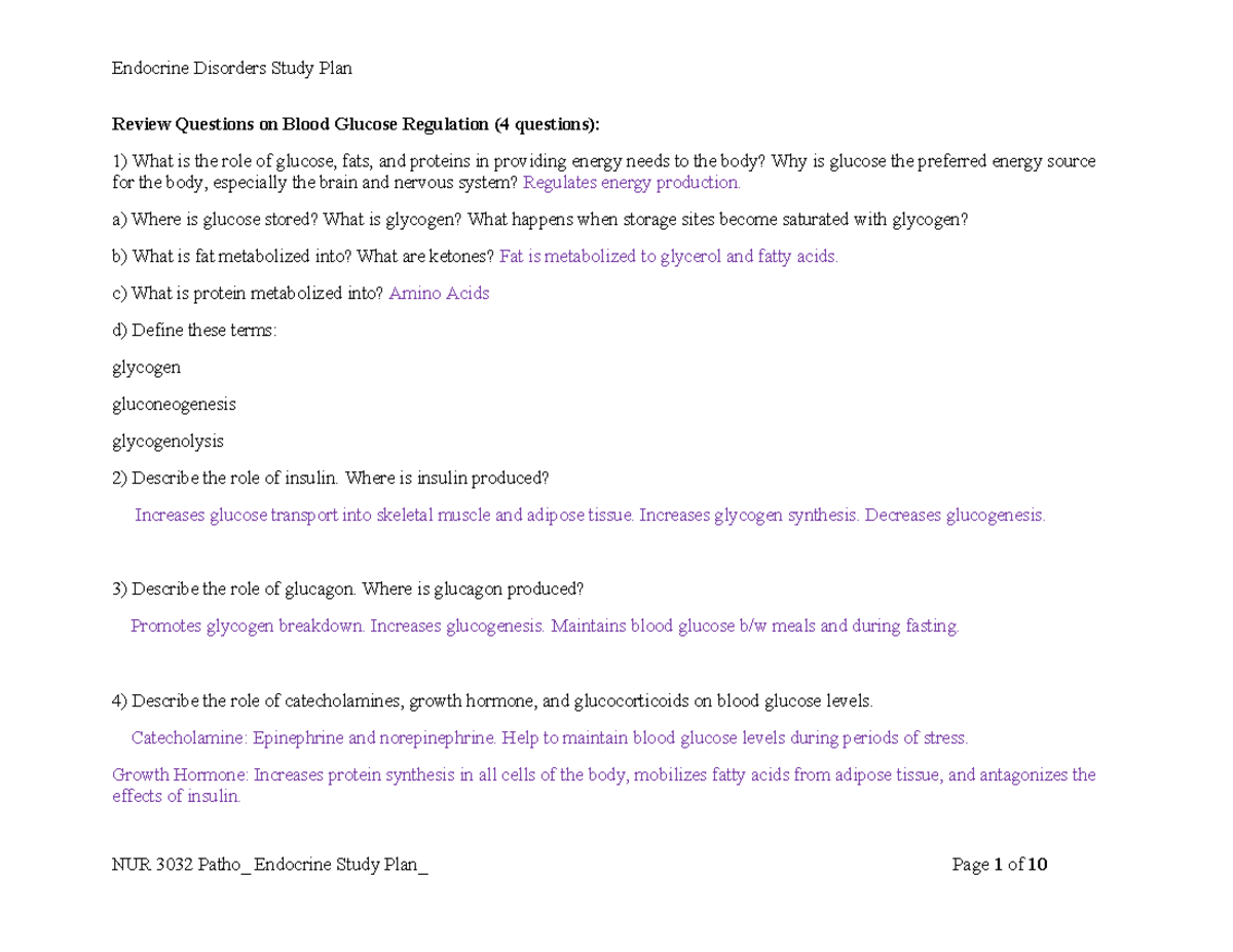 NUR 3032 Endocrine Study Plan - Review Questions on Blood Glucose ...