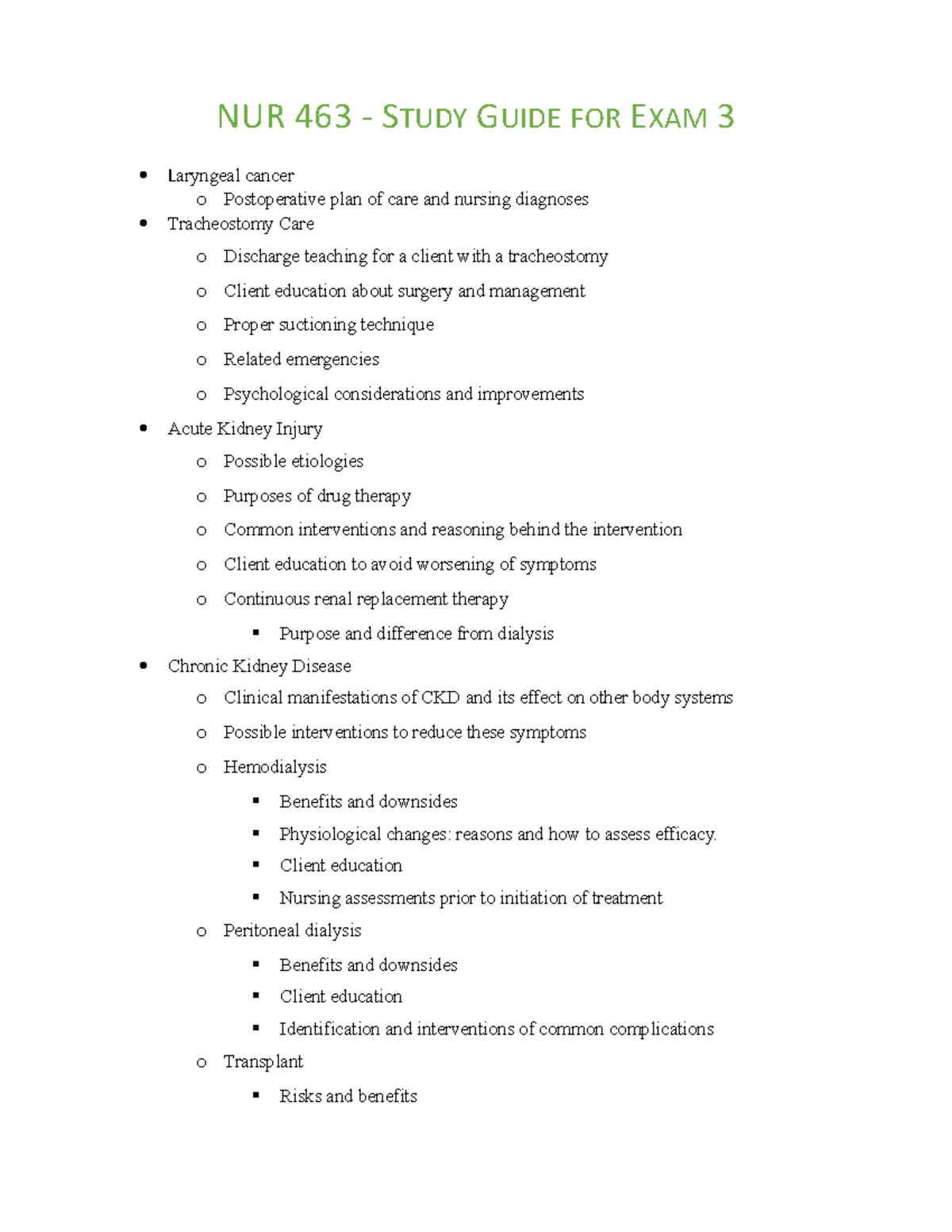 NUR 463 Exam 3 study guide - NUR 463 - STUDY GUIDE FOR EXAM 3 Laryngeal ...