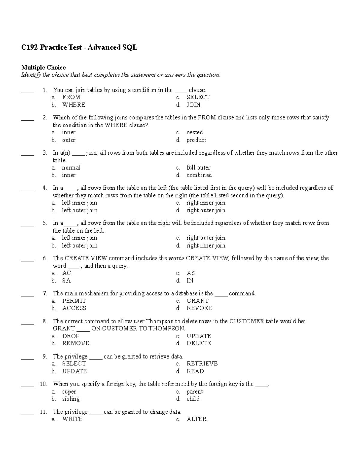 C192 Practice Test - Advanced SQL - C192 Practice Test - Advanced SQL ...