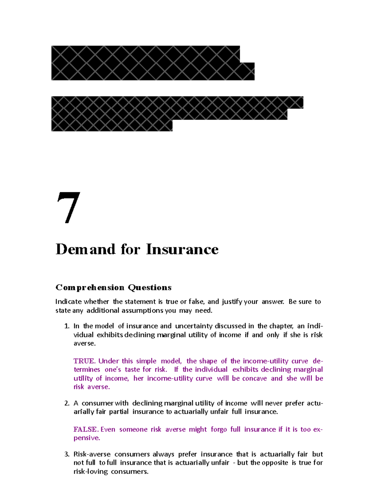 Chapter 7 - 7 Demand for Insurance Comprehension Questions Indicate ...