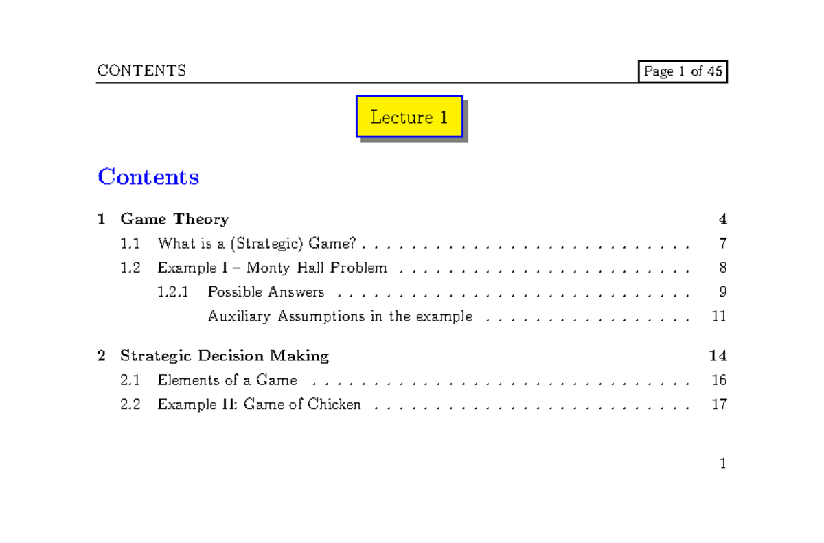 Lecture-01 James Bergin - Contents CONTENTS Page 1 of - Lecture 1 Game Theory 1 What is a - Studocu