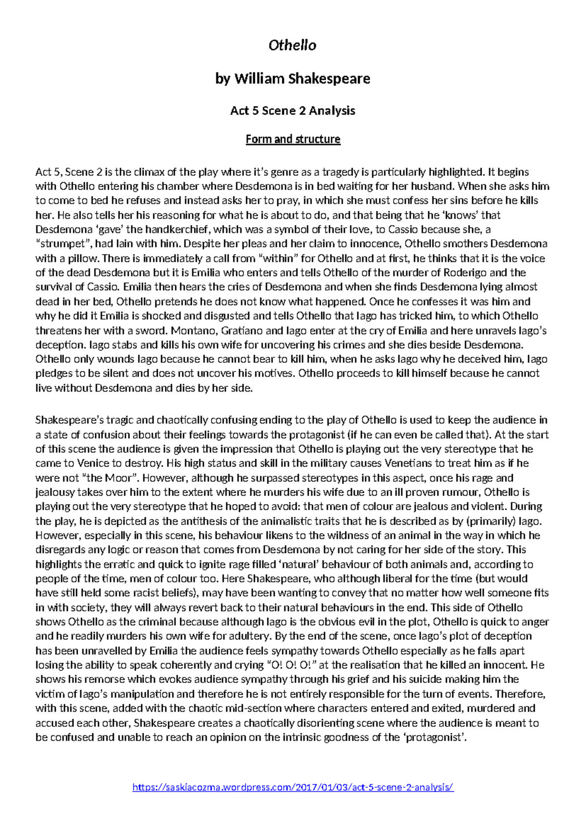 Act 5 scene 2 analysis - ignore - Othello by William Shakespeare Act 5 ...