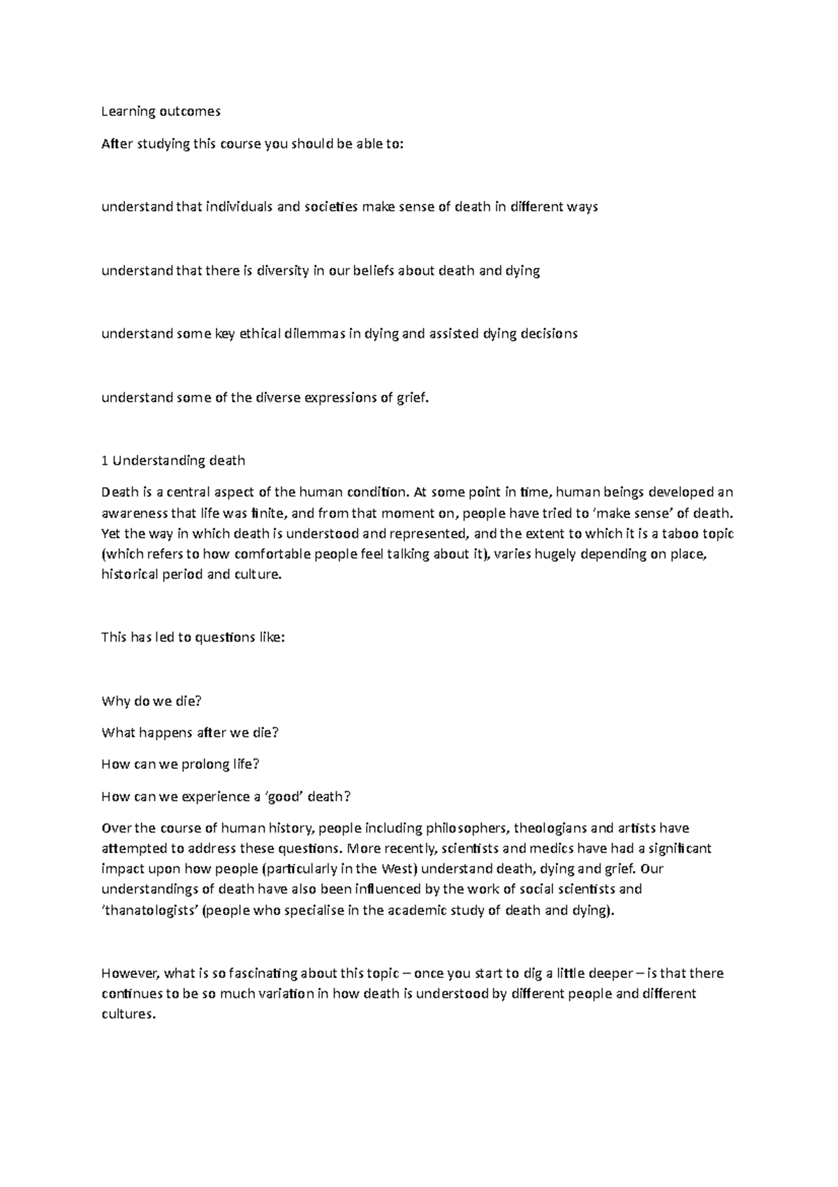 Understanding death - in depth notes on the subtopics for independent ...