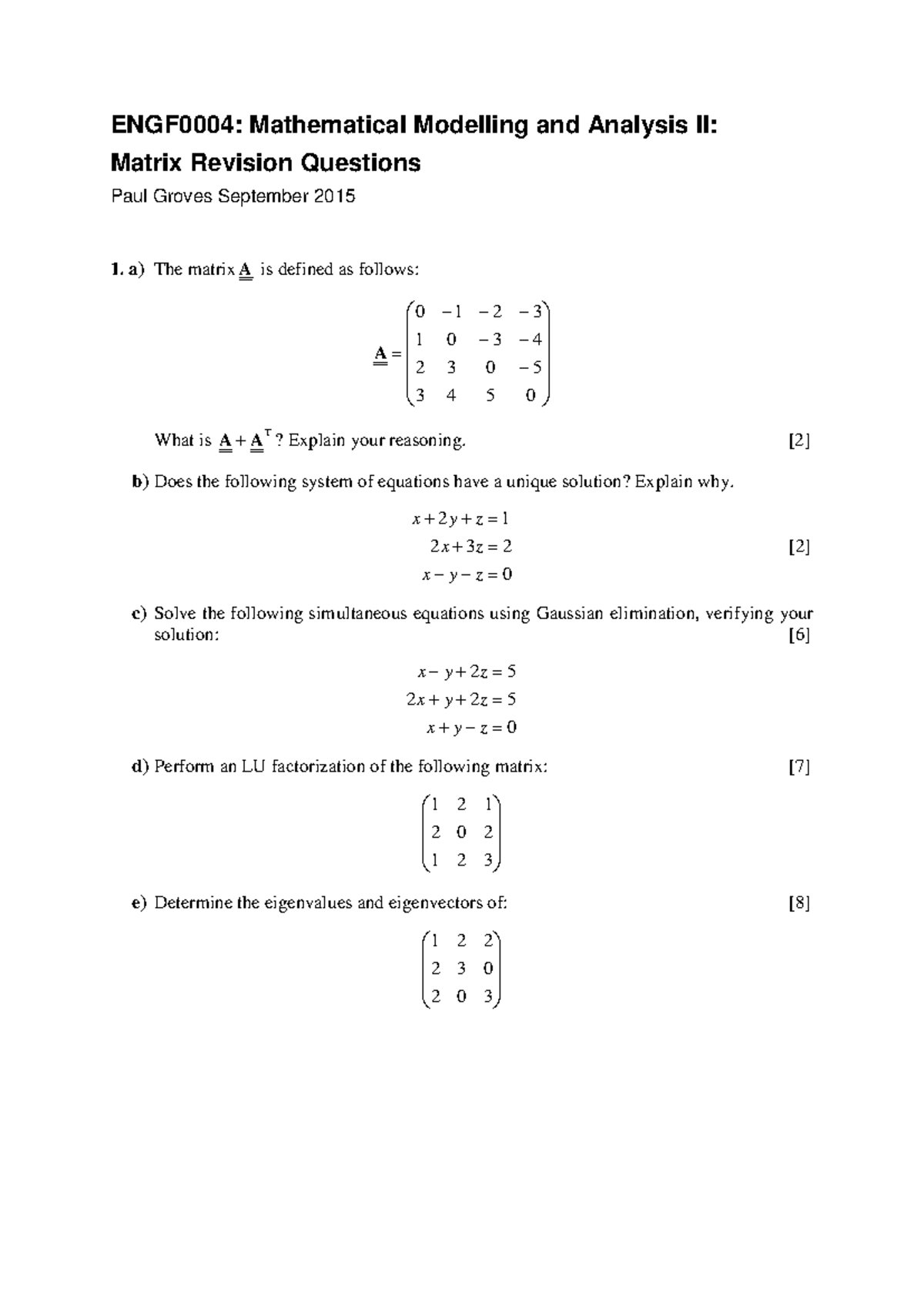 ENGF0004 Matrix Revision Questions - ENGF0004: Mathematical Modelling ...