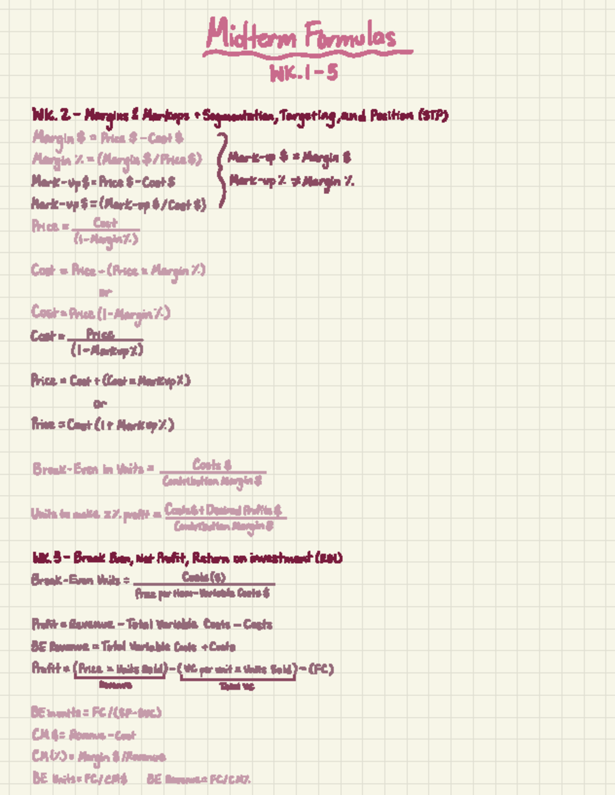 Mkt 300 Midterm Formulas - Midterwmn?;mu1asWk . 2- Margins & Markups ...
