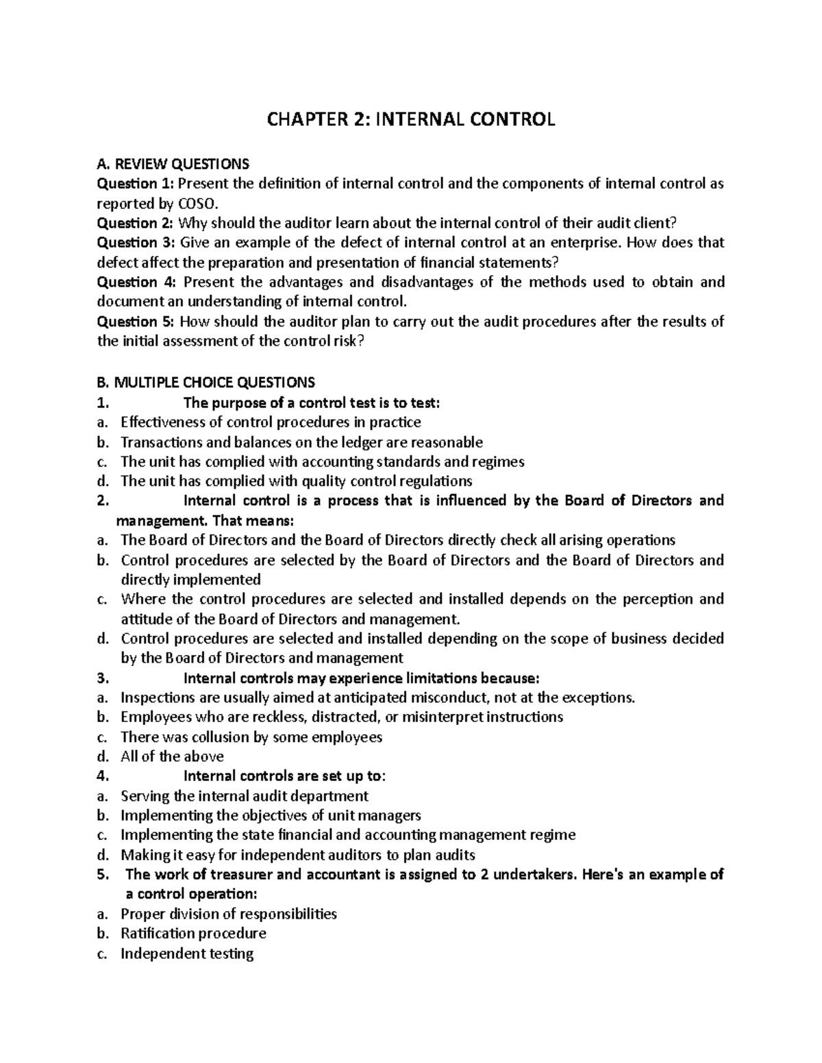 Chapter 2 - ghjfj - CHAPTER 2: INTERNAL CONTROL A. REVIEW QUESTIONS Question 1: Present the ...